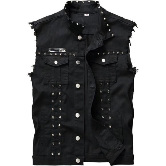 Jackets & Coats | Mens Goth Punk Studded Denim Vest Ripped Distressed ...